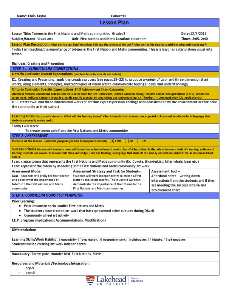 Lesson Plan: Step 1: Curriculum Connections | PDF | Curriculum | Lesson ...