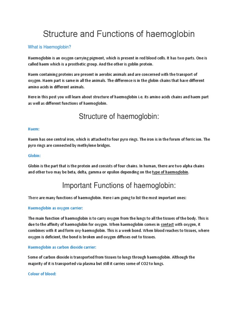 Structure and Functions of Haemoglobin | PDF | Hemoglobin | Blood