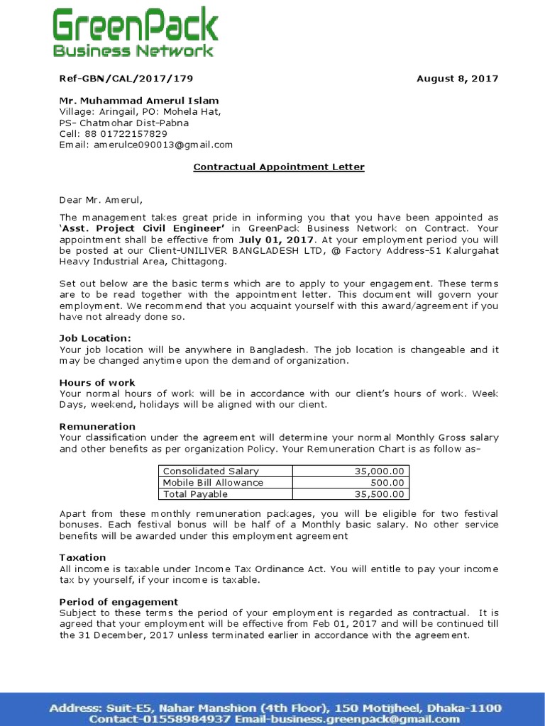 An Appointment Letter Offering the Position of Assistant Project Civil ...