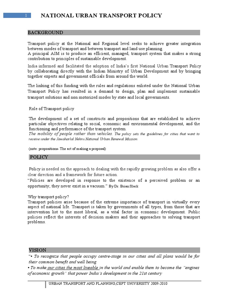 National Urban Transport Policy: Background | PDF | Transport | Public ...