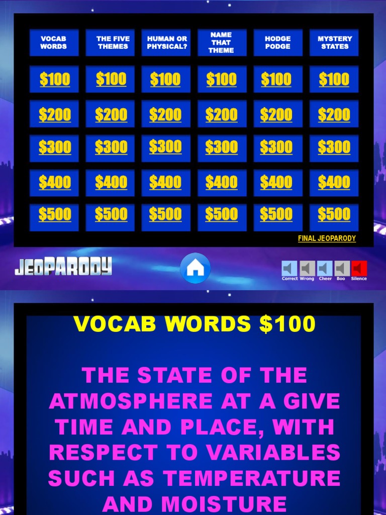 Jeopardy - Midterm Test Review 1 | PDF | Geography | Physical Geography