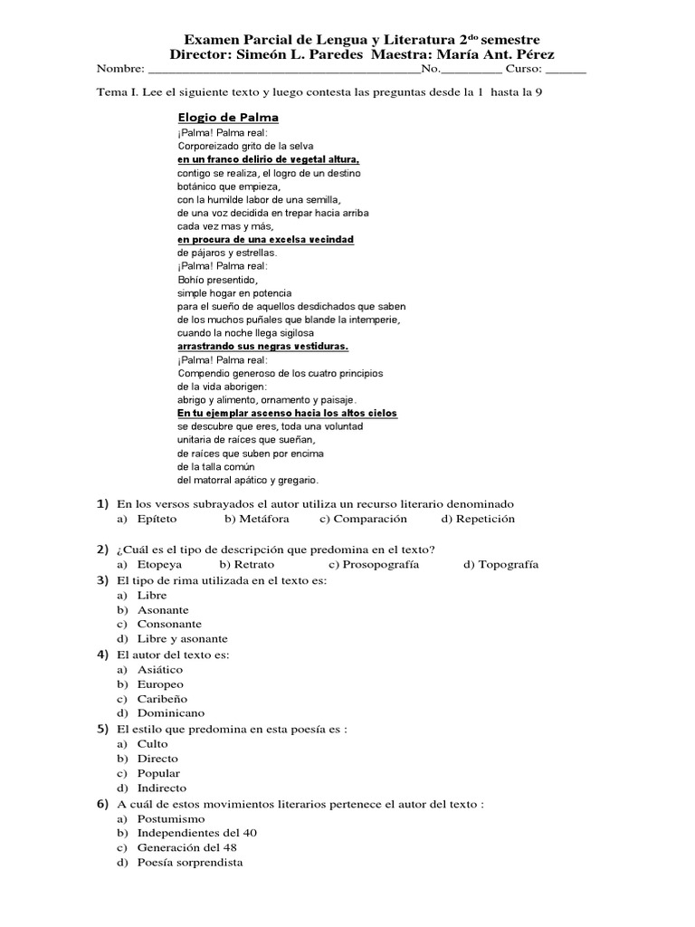 Examen Parcial de Lengua y Literatura | PDF | Poesía | Idiomas