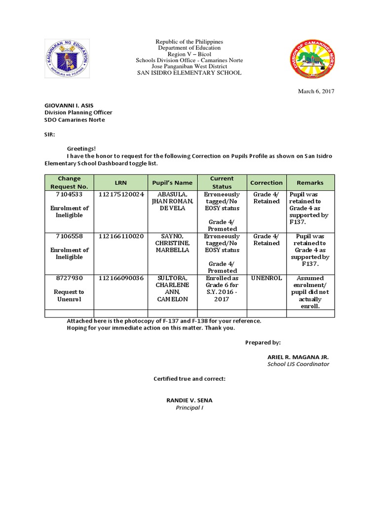 LIS Request For Correction | PDF | Philippines | Schools