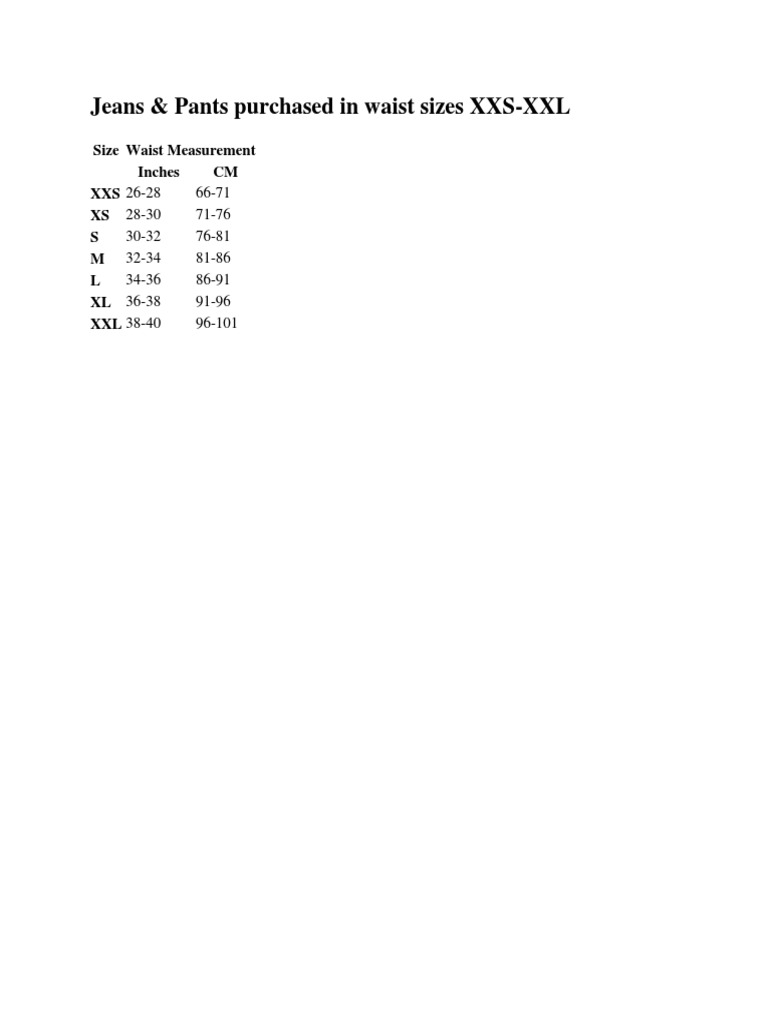 Jeans & Pants Purchased in Waist Sizes XXS-XXL | PDF