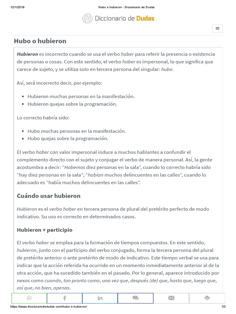 Hubo o Hubieron - Diccionario de Dudas | PDF | Reglas | Verbo