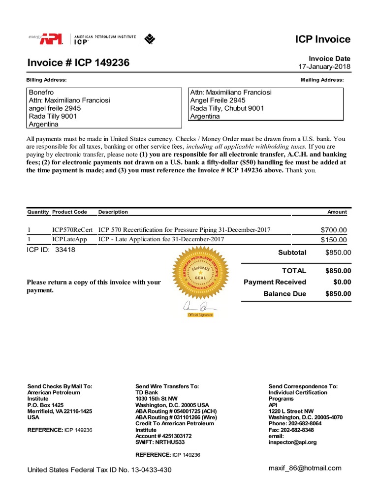 Icp Invoice - Icp 149236 | Payments | Invoice