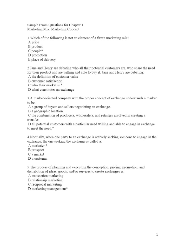 1 Sample Exam Questions For Chapter 1 Marketing Mix, Marketing | PDF