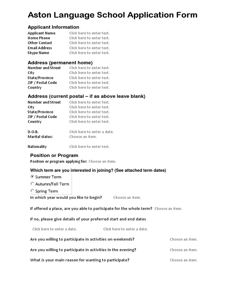 Aston Language School Application Form: Applicant Information | PDF ...