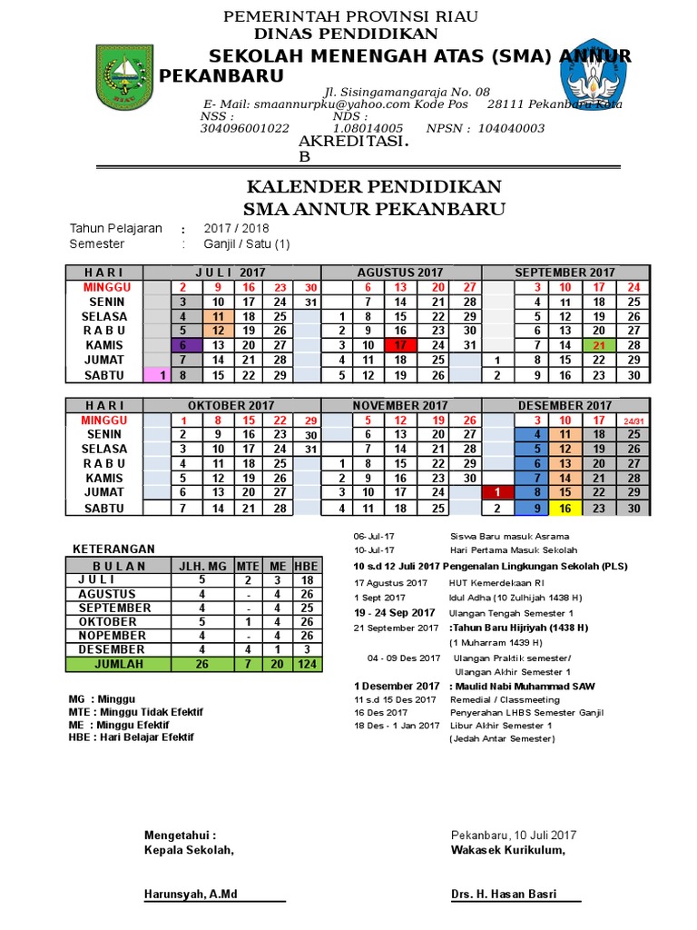 Kalender Pendidikan 2017-2018 | PDF