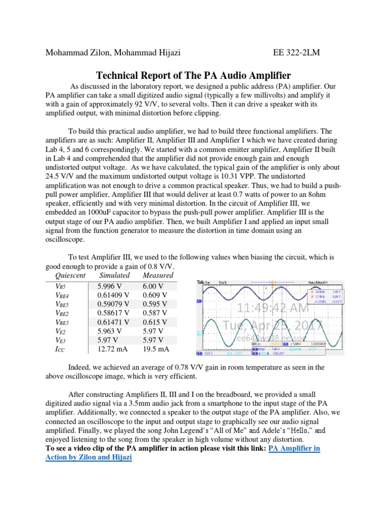 PA Audio Amplifier Technical Report | PDF | Amplifier | Electrical ...