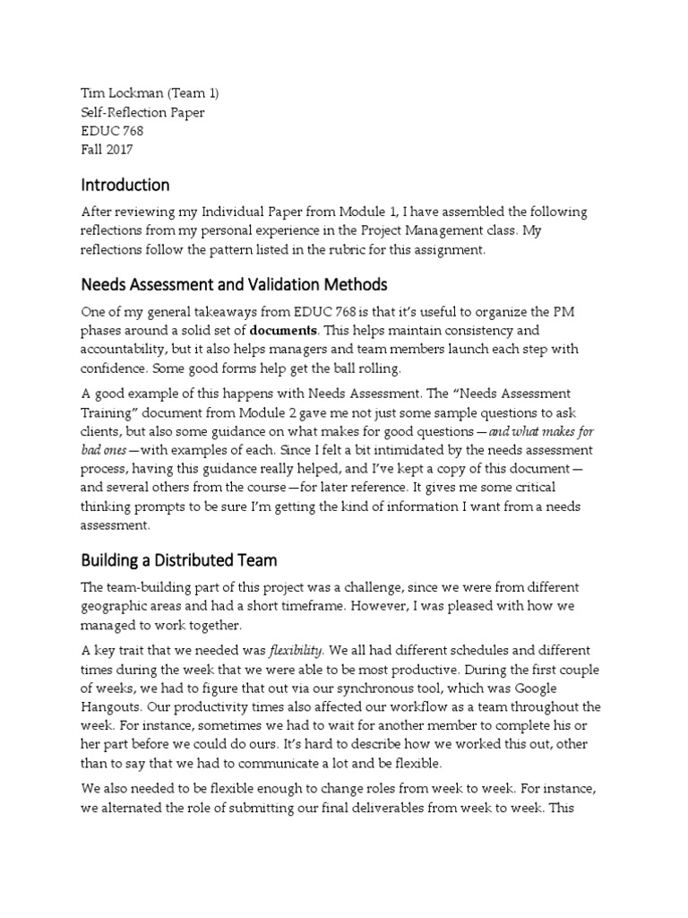 Self-Reflection Paper For 768 No Team Assessment | PDF | Communication ...