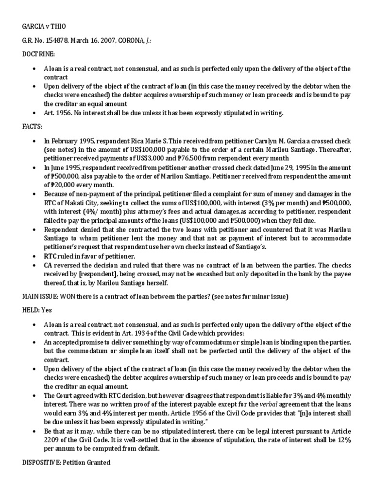 Garcia V Thio Digest | PDF | Cheque | Loans