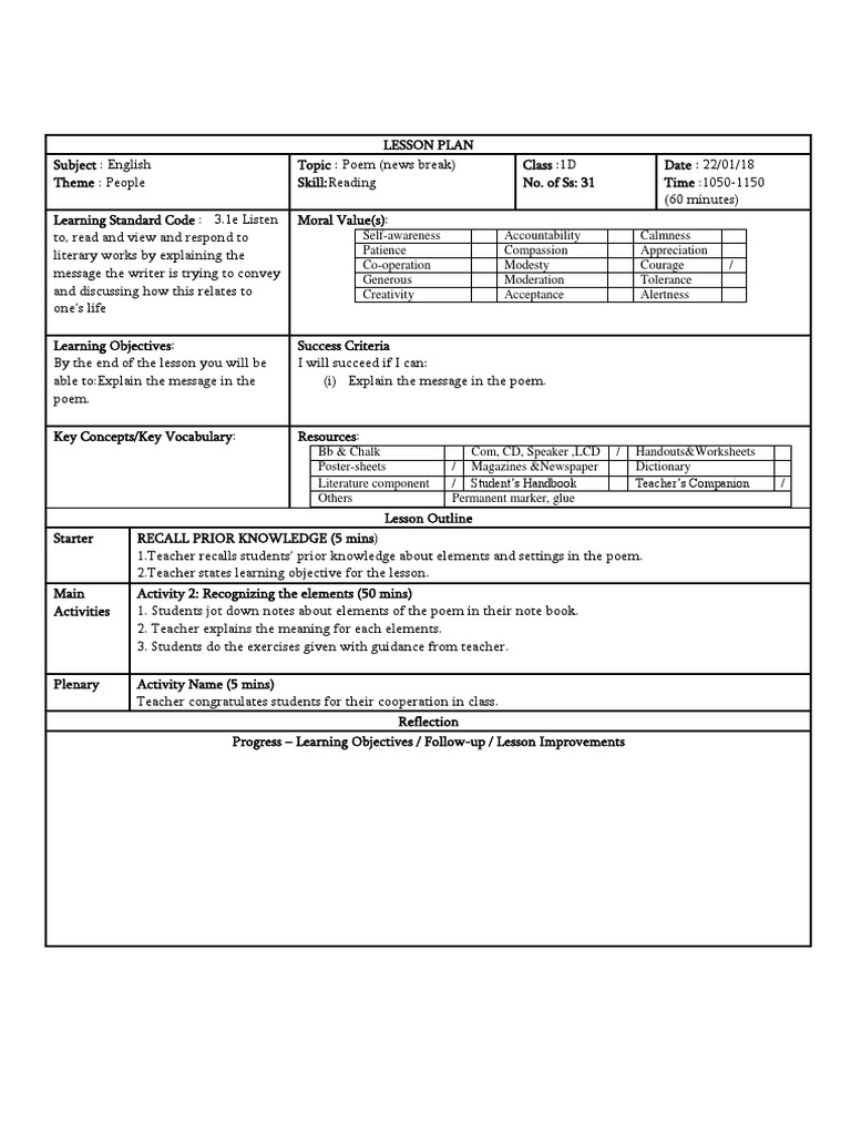 "Poem Analysis for Grade 1D" | PDF | Lesson Plan | Education Theory