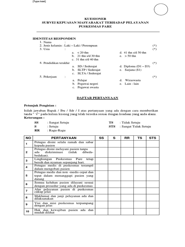 Kuesioner Puskesmas Pare | PDF