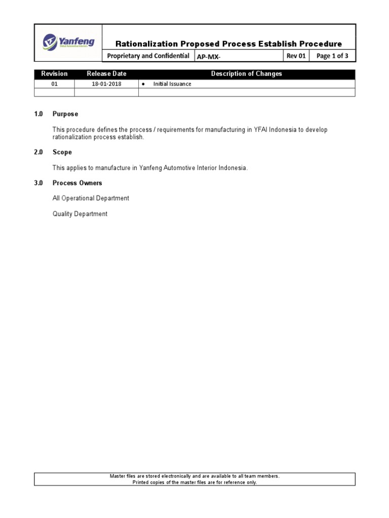 Rationalization Proposed Process Establish Procedure: Proprietary and ...
