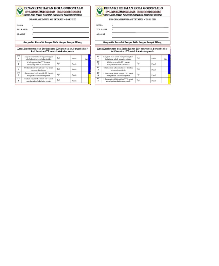 Kartu Imunisasi Tetanus - Toksoid | PDF