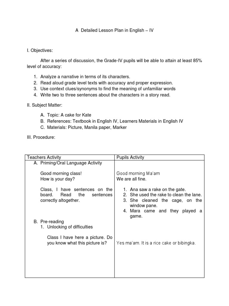 A Detailed Lesson Plan in English | PDF | Lesson Plan | English Language
