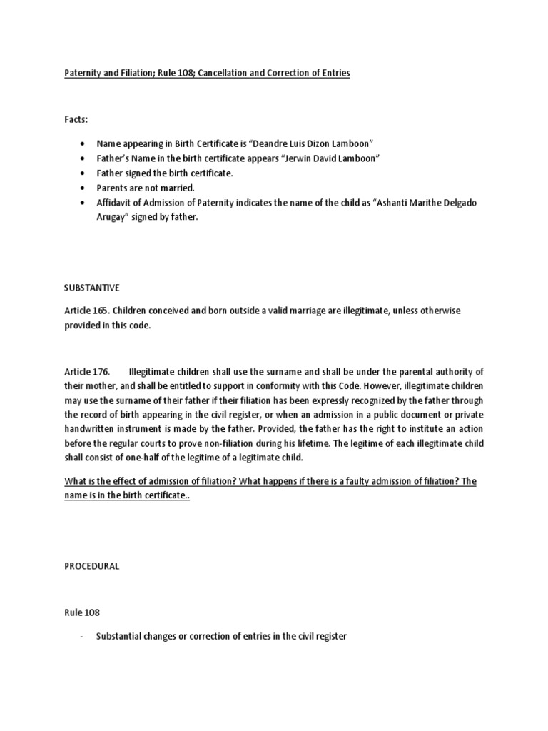 Paternity and Filiation | PDF | Birth Certificate | Legitimacy (Family Law)