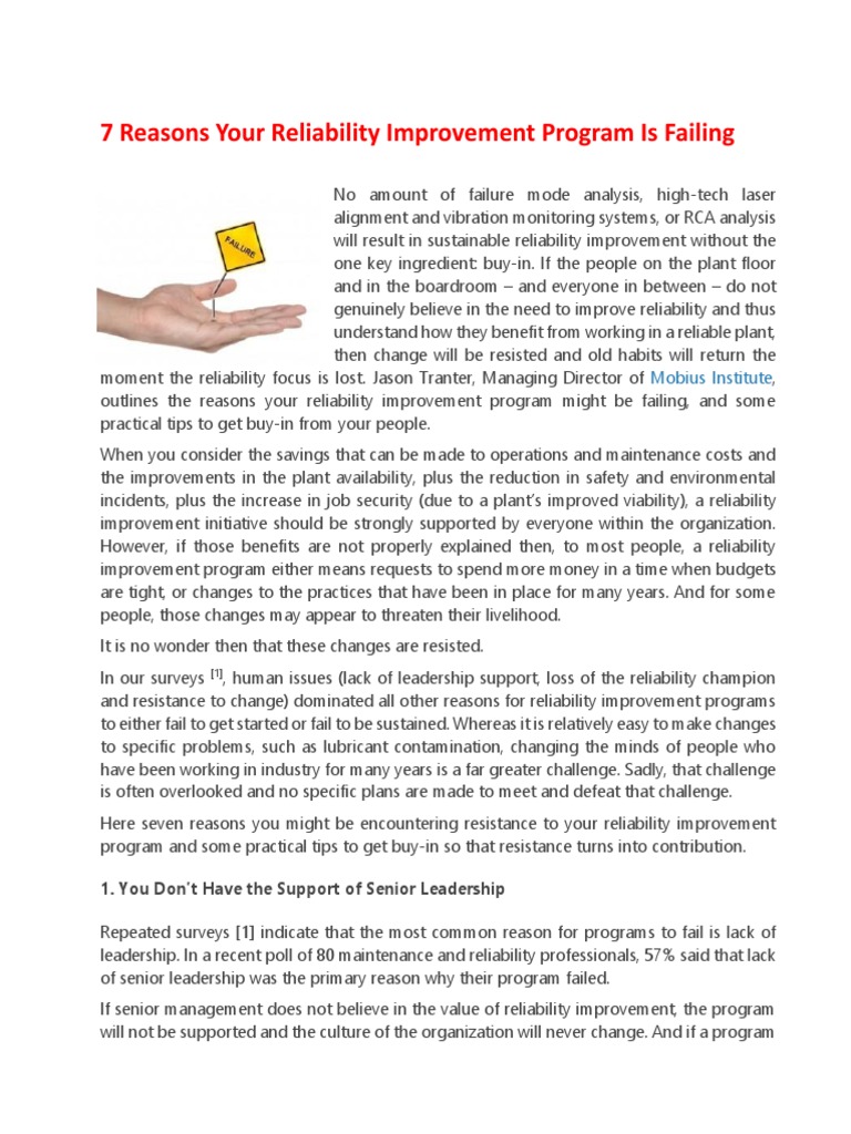 7 Reasons Your Reliability Improvement Program Is Failing - Jason ...