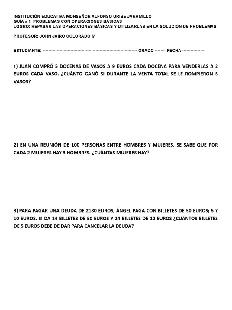 Guía # 1 Problemas Con Operaciones Basicas Enero 22 | PDF
