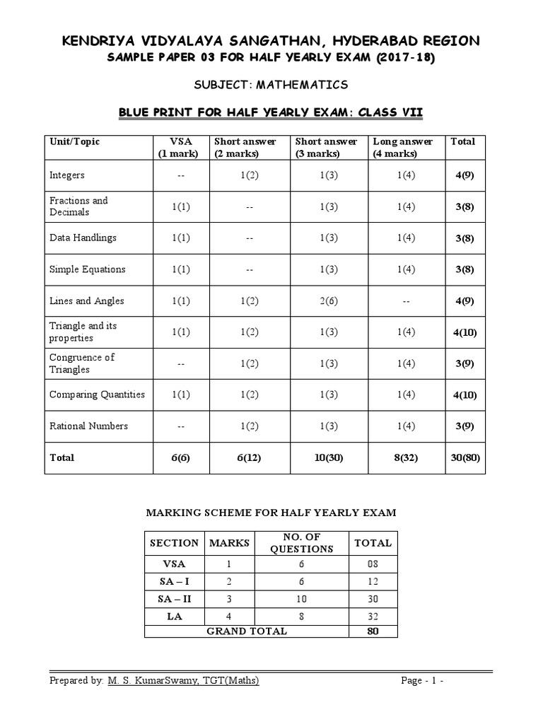 Maths Class Vii Half Yearly Exam Sample Paper 03 Triangle Angle