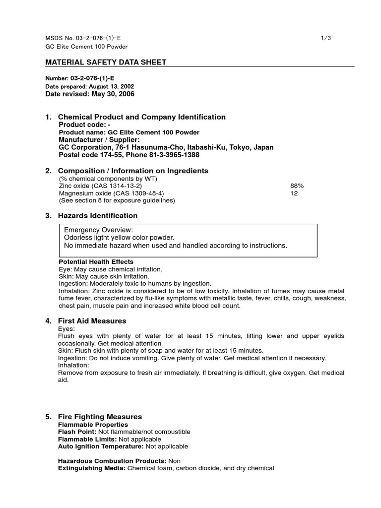 Msds Elite Cement 100 Powder | PDF | Magnesium | Chemical Substances