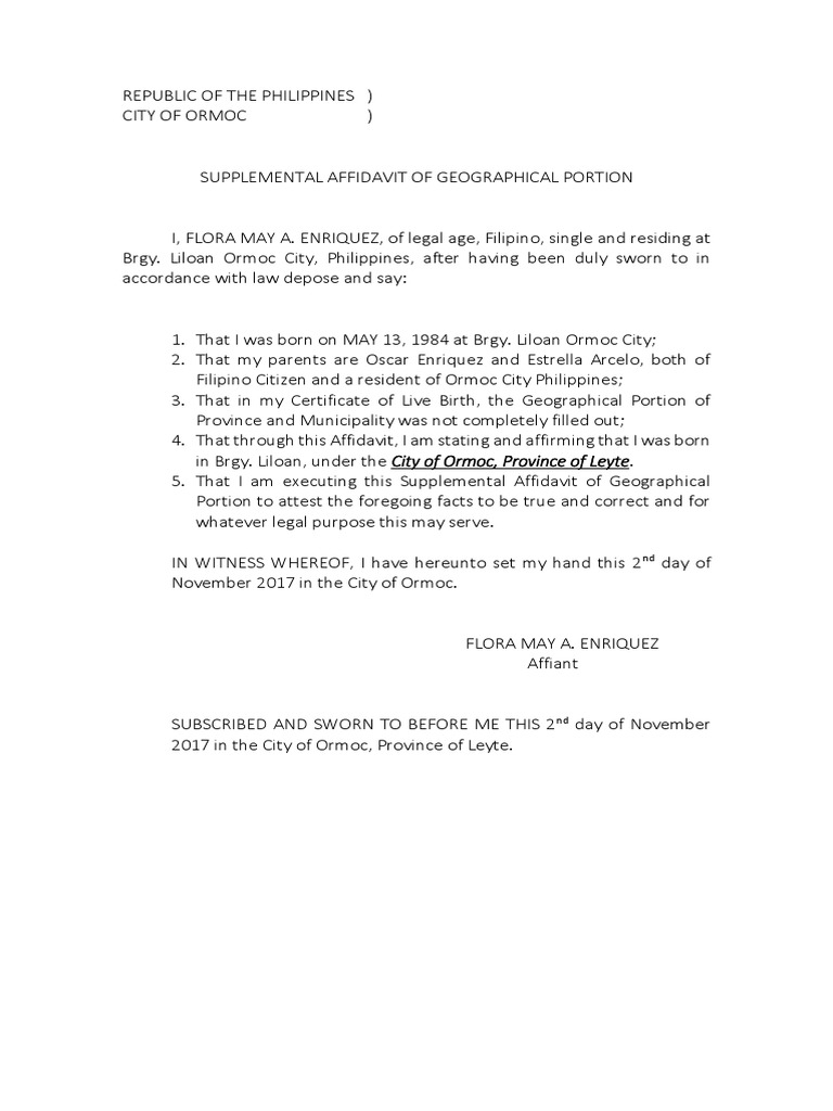 Supplemental Affidavit of Geographical Location - Birth Certificate | PDF