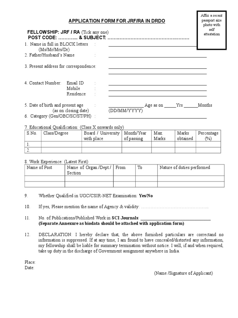 Application Form For Jrf/Ra in Drdo FELLOWSHIP: JRF / RA (Tick Any One ...