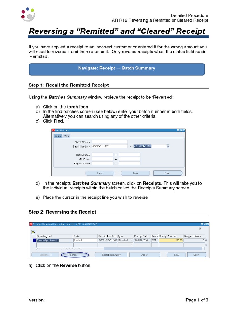 AR R12 Reversing A Remitted or Cleared Receipt | PDF | Receipt | Business