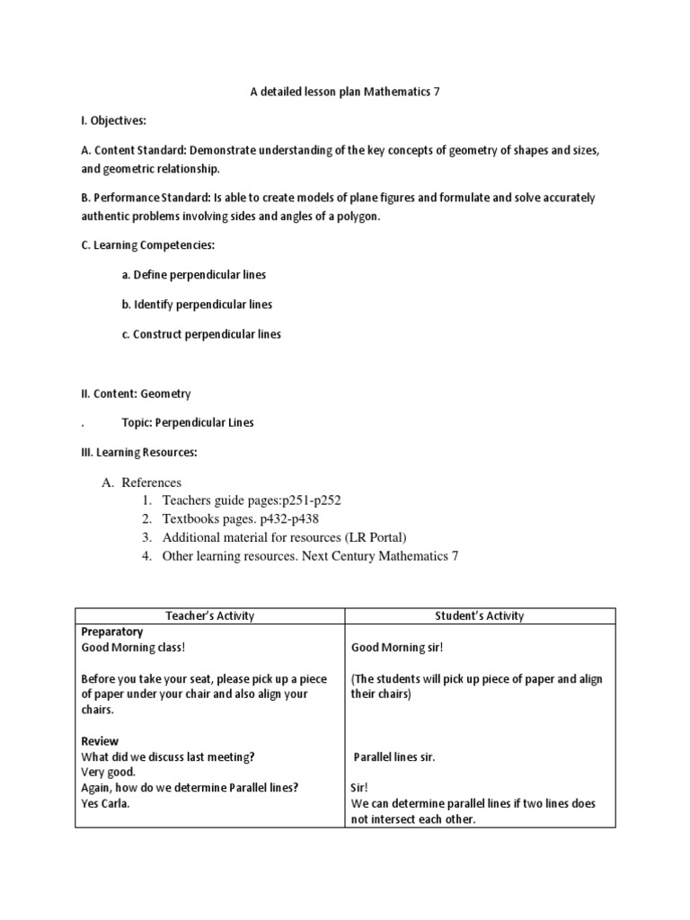5 Lesson Plan Perpendicular Lines | PDF | Perpendicular | Geometry