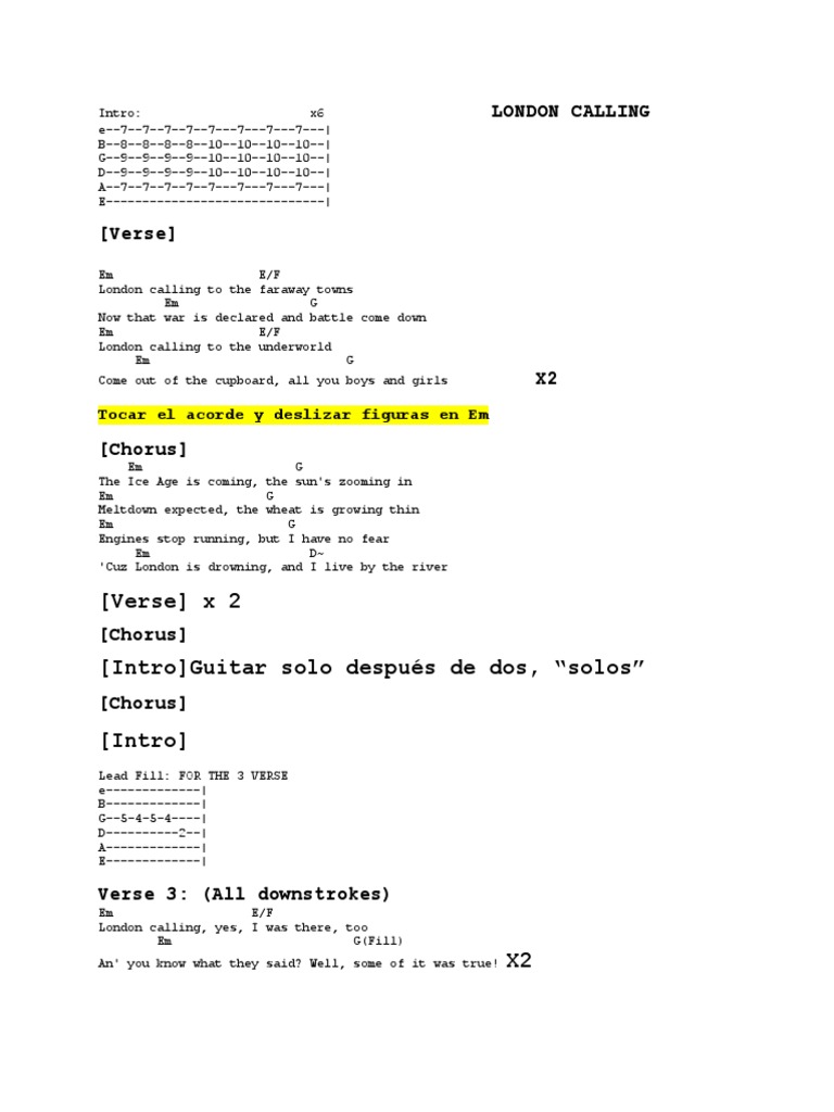 London Calling: (Verse) X 2 (Intro) Guitar Solo Después de Dos, "Solos ...