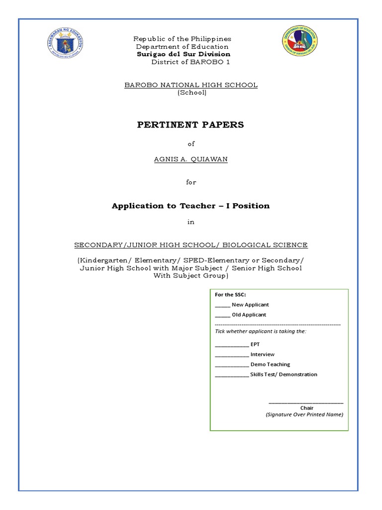 Pertinent Papers: Application To Teacher - I Position | PDF