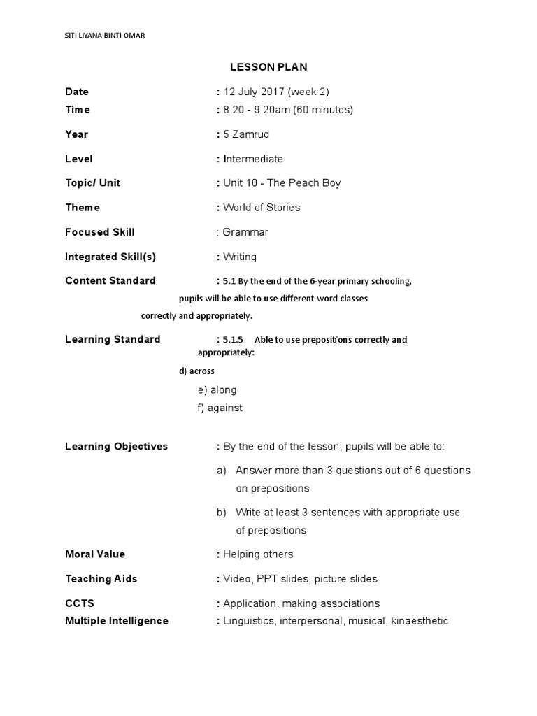 W2 (Grammar) | PDF | Lesson Plan | Preposition And Postposition