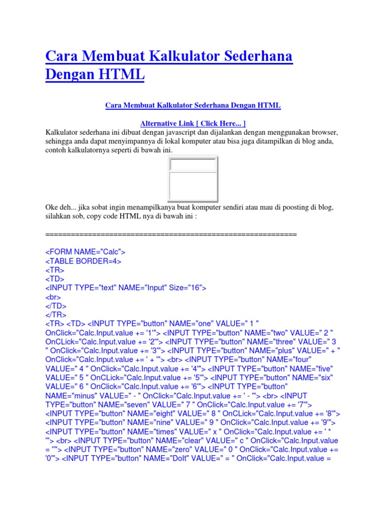 Kalkulator Sederhana dengan HTML & JS | PDF