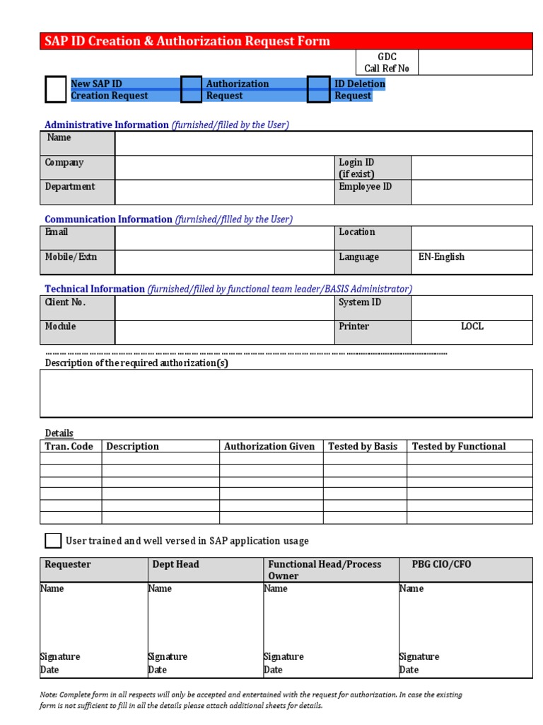 SAP ID Creation Authorization Request | PDF | Computing | Information ...