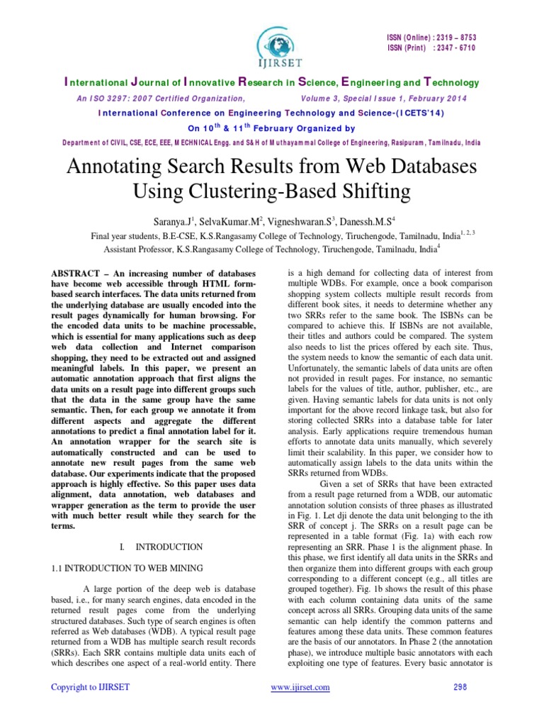 Annotating Search Results From Web Databases Using Clustering-Based Shifting | PDF ...