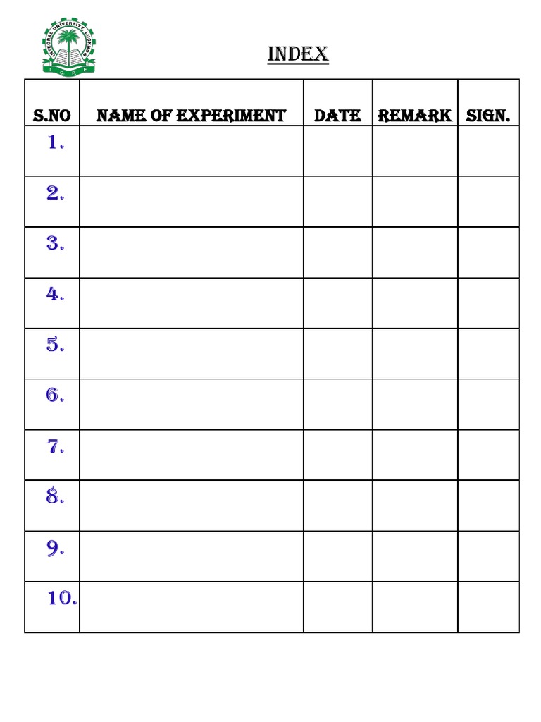 Index Sno Name Of Experiment Date Remark Sign Pdf 