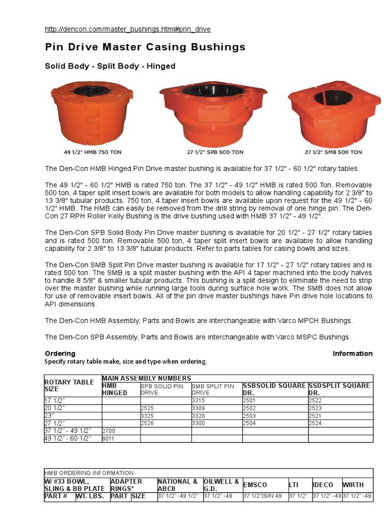 Den-Con Master Bushings Overview | PDF | Equipment | Tools