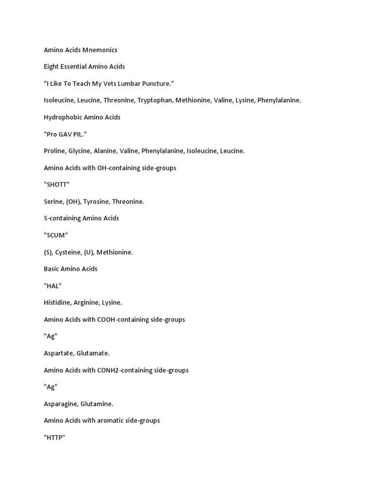 20 Amino Acids Mnemonics | PDF