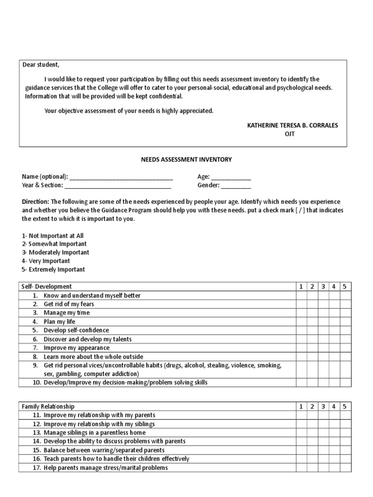 Needs Assessment | PDF | Clinical Psychology | Interpersonal Relationships