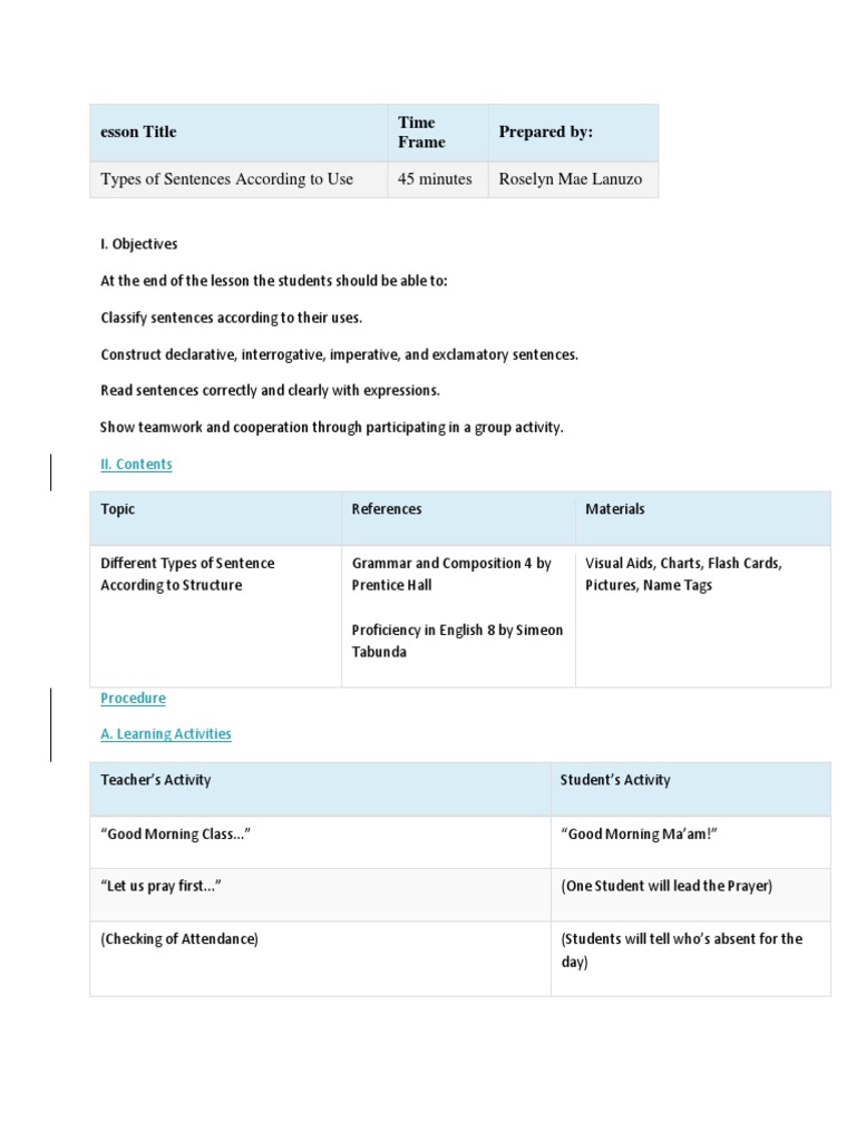 Types of Sentences According To Use 45 Minutes Roselyn Mae Lanuzo | PDF ...