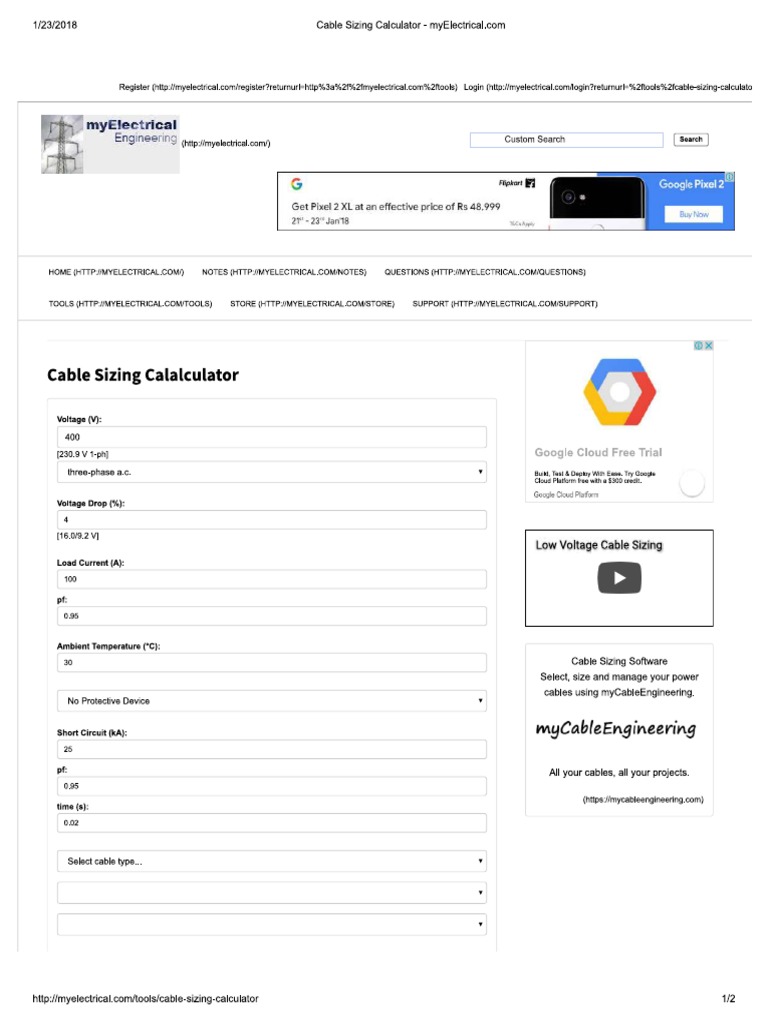Cable Sizing Calculator - MyElectrical | PDF