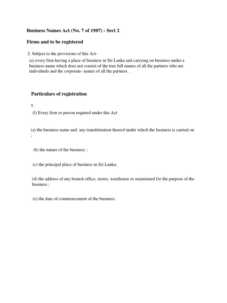 Business Names Act (No. 7 of 1987) - Sect 2 Firms and To Be Registered ...