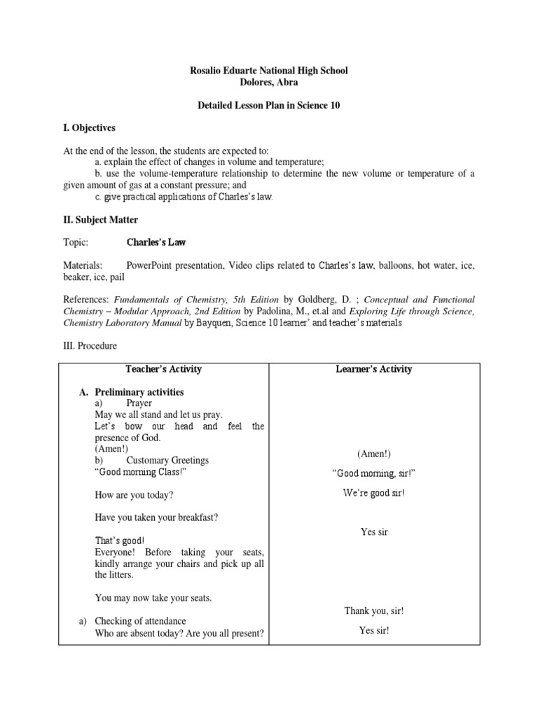 Detailed Lesson Plan in Science 10: Charles' Law | PDF | Gases | Lesson ...