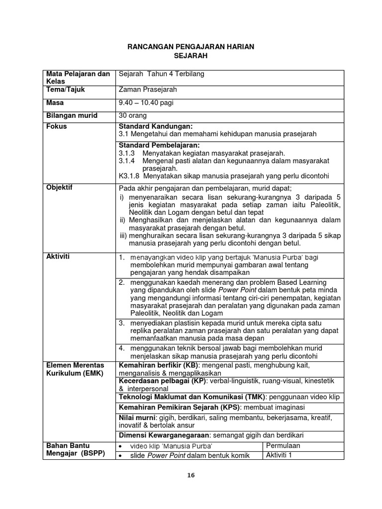 RPH L Tahun 4 L Zaman Prasejarah Repaired | PDF