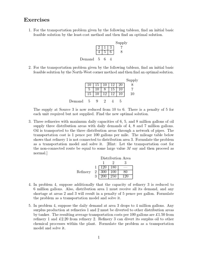 Exercises On Transportation Problem | PDF | Mathematical Optimization | Theoretical Computer Science
