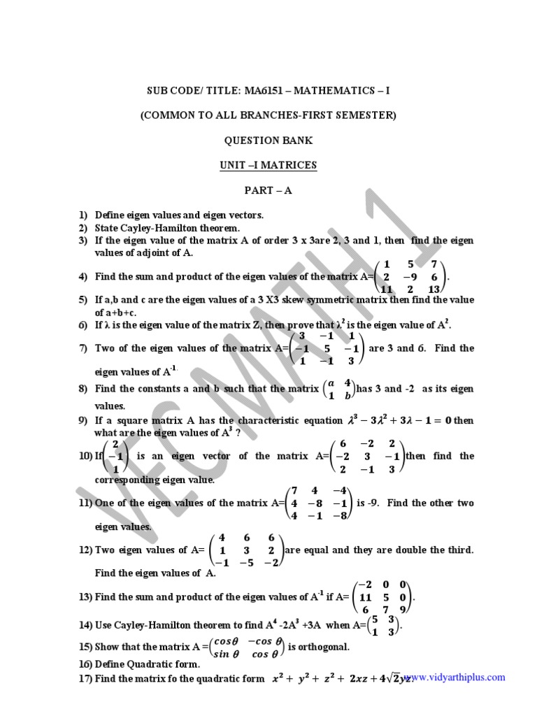MA6151 Mathematics I QB | PDF | Eigenvalues And Eigenvectors | Matrix ...