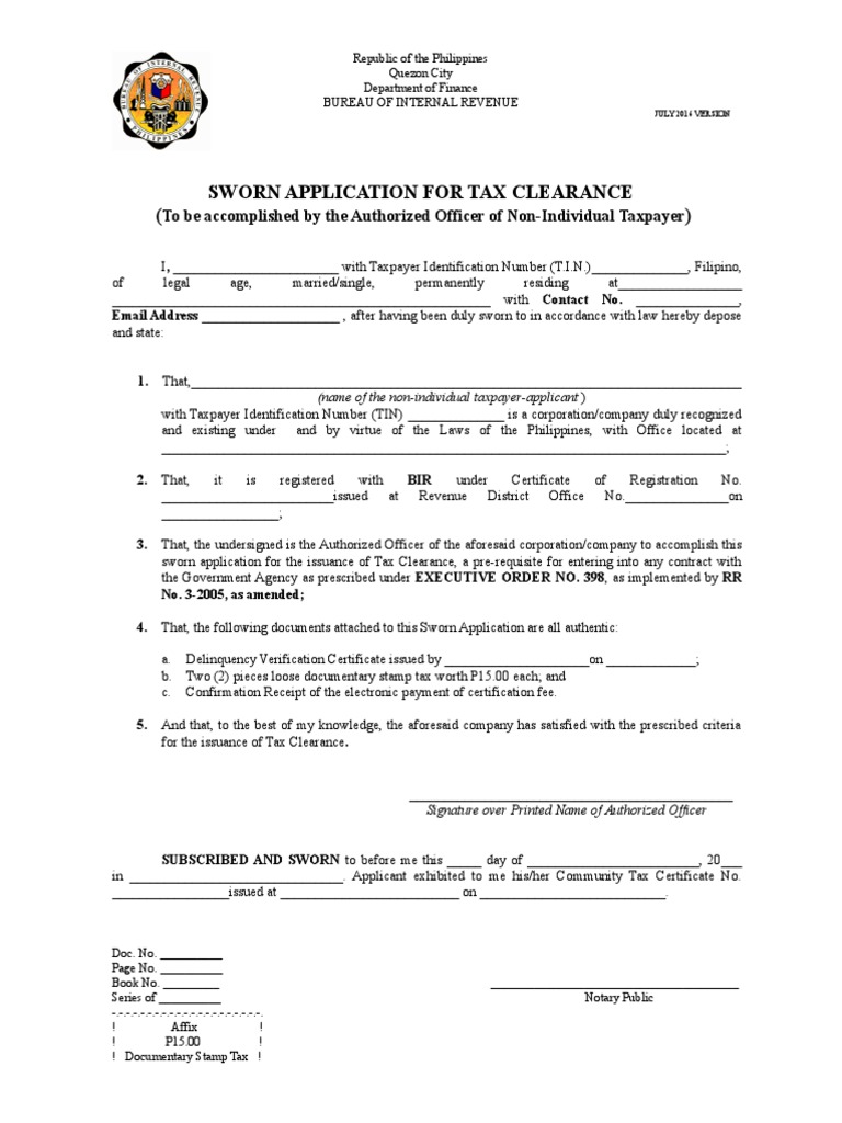 Sworn Application For Tax Clearance - Non-Ind | PDF | Government ...
