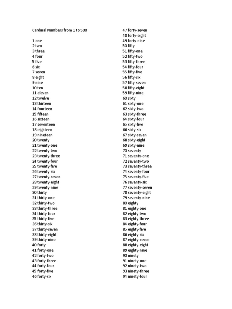 Números Cardinales Del 1-500 en Ingles | PDF