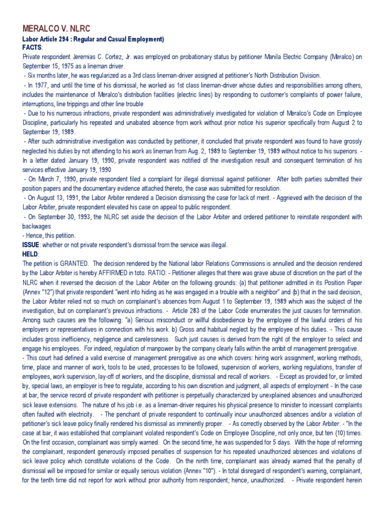 6 Meralco V NLRC 1991 | PDF | Employment | Government Information